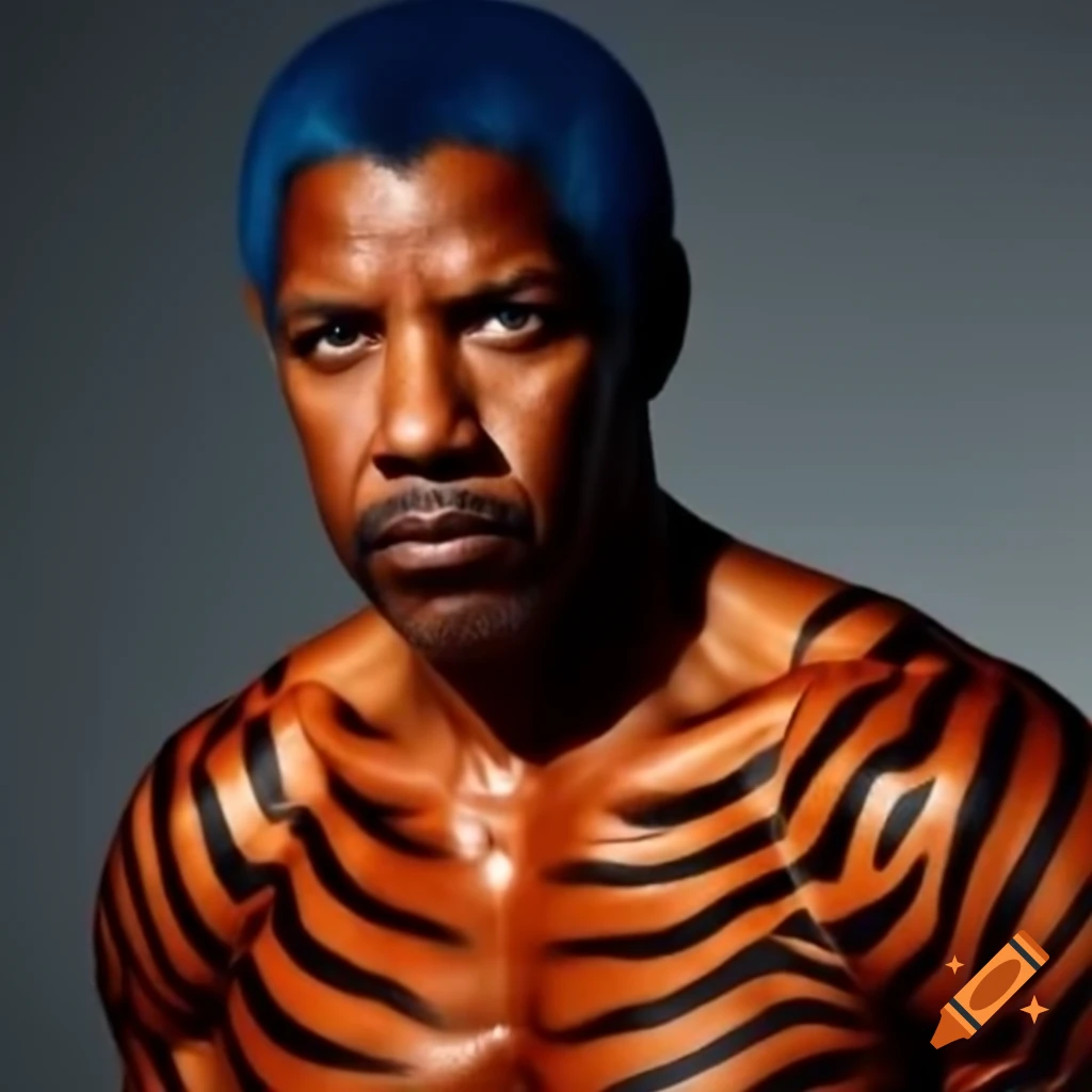 Muscular man with tiger-style makeup featuring blue hair and orange ...