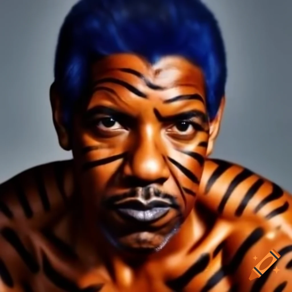 Muscular man with tiger-style makeup and blue hair on Craiyon