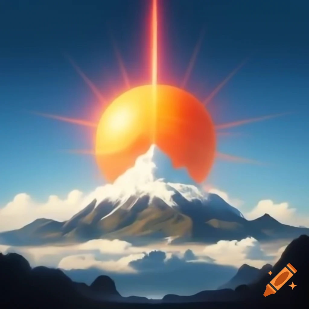 Mount Kailash drawing with orange rising sun and clouds in triangle ...