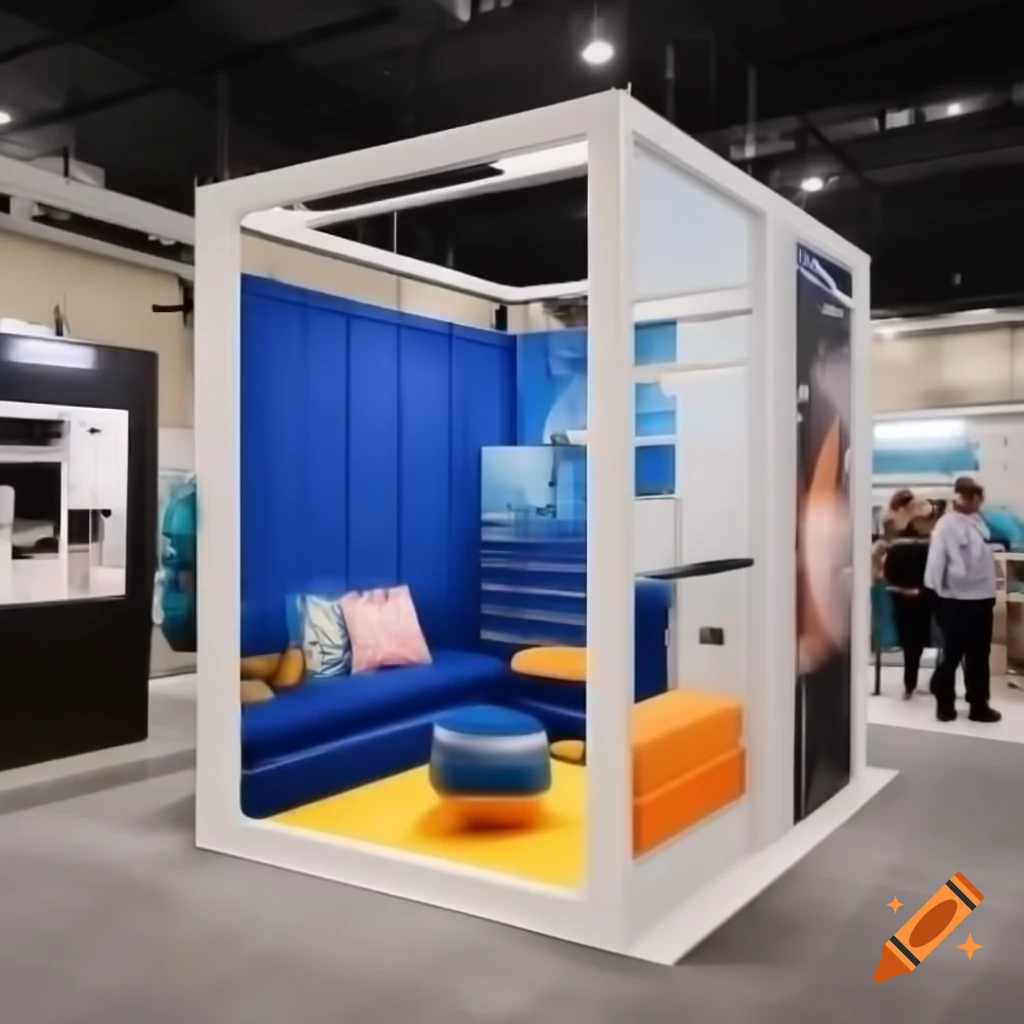 Booth design layout with demo room, 3m x 2m area on Craiyon