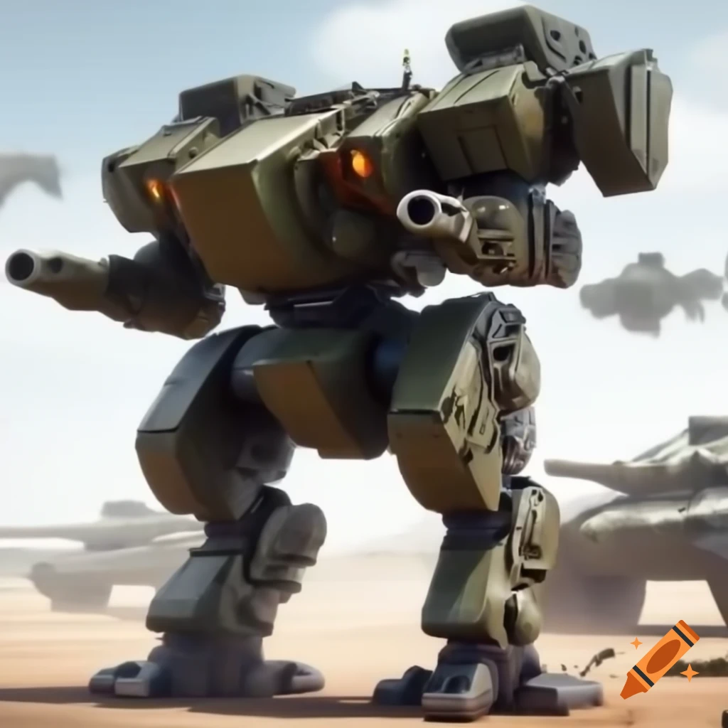 Heavily armored bipedal battle mech with angular design inspired by ...