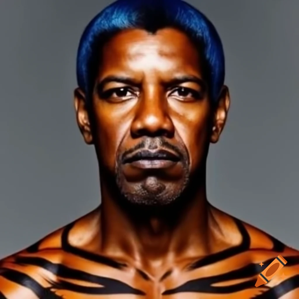 Muscular man with tiger-style makeup and blue hair on Craiyon