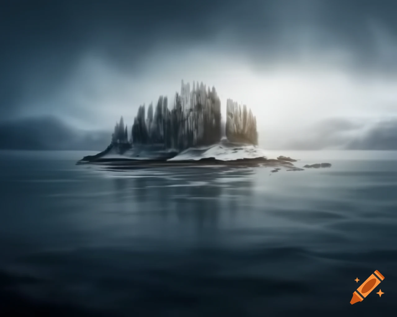 Icy island with snowy woods in stormy ocean, distant village in fantasy ...