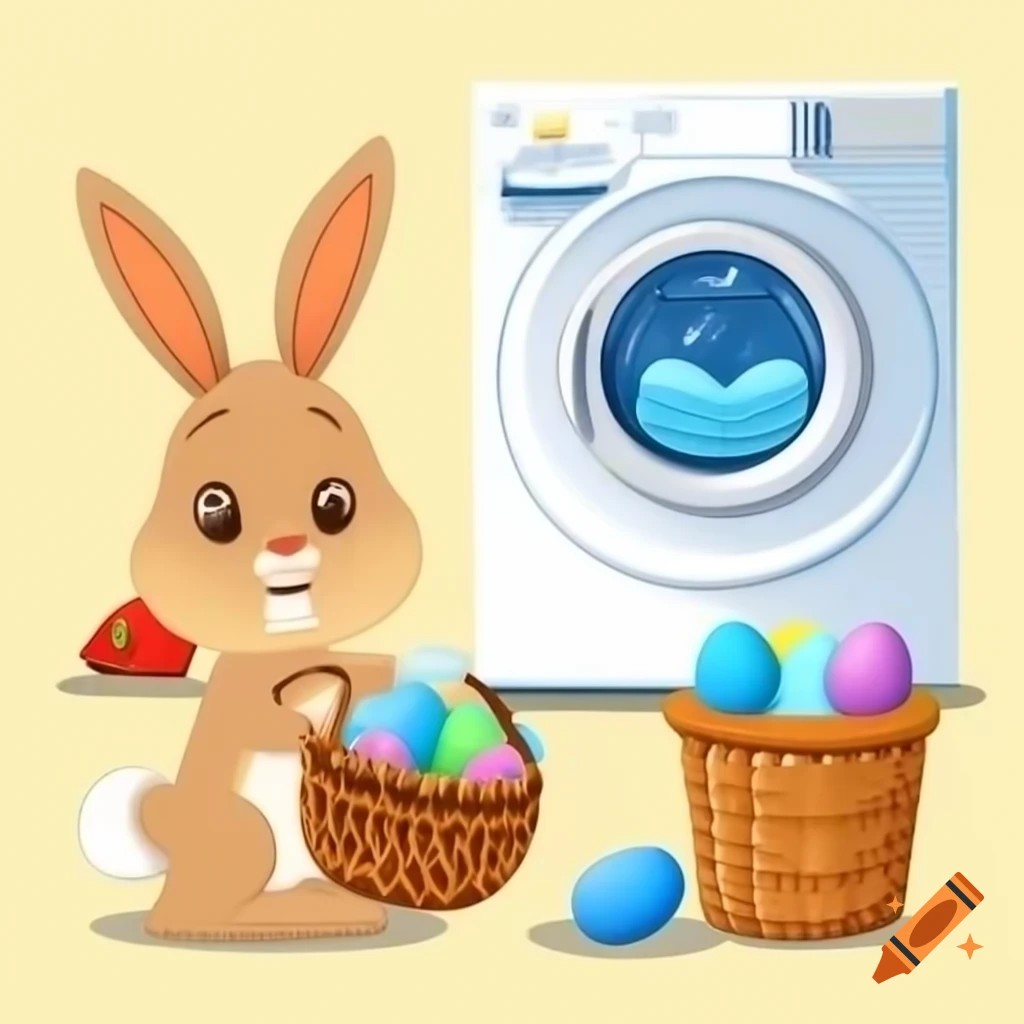 Easter bunny with basket of eggs hiding eggs in washing machine on Craiyon