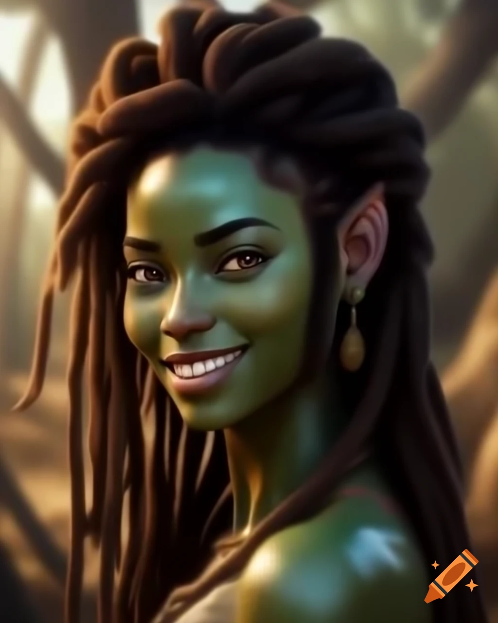 Beautiful dryad with dark brown dreadlocks smiling in a mythical ...