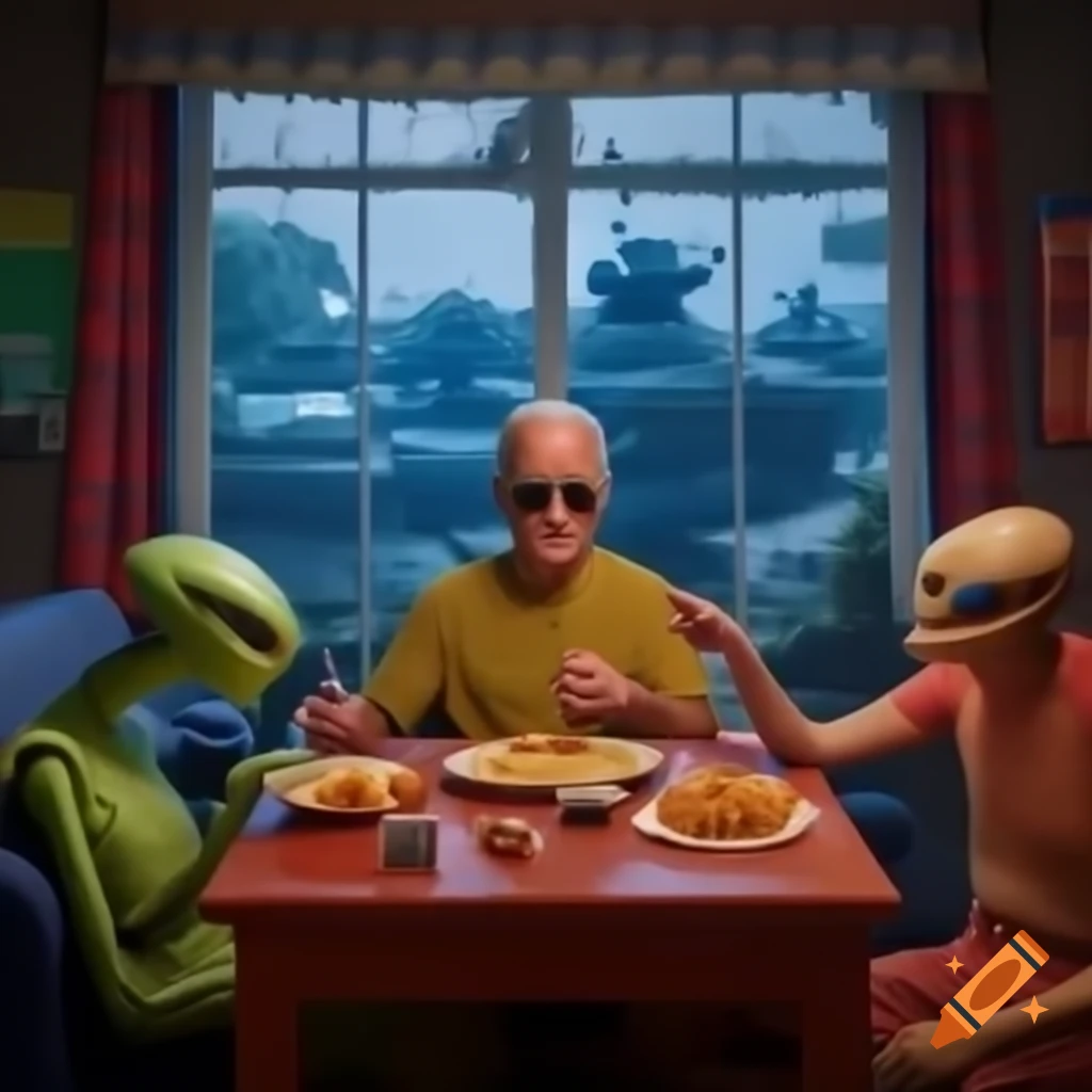 Alien in sunglasses enjoying apple pie inside vacation home with war ...