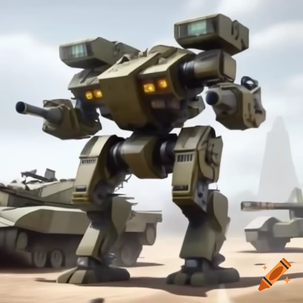 Heavily armored bipedal battle mech with angular military-inspired ...