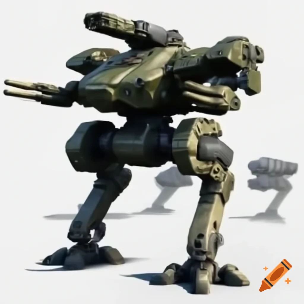 Heavily armored bipedal battle mech with angular design and weapon pods ...