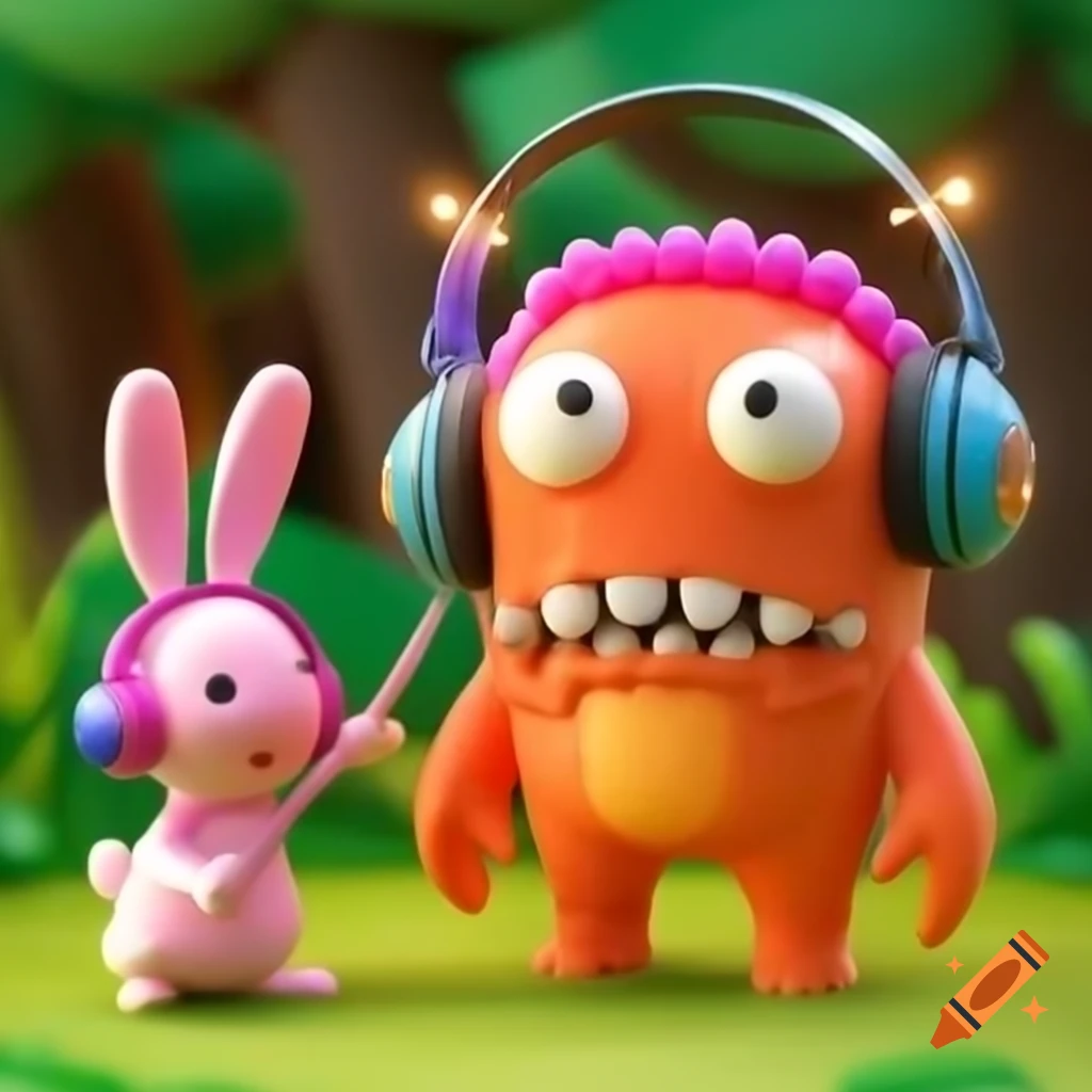 Orange alien with antennas and headphones versus pink rabbit with ...