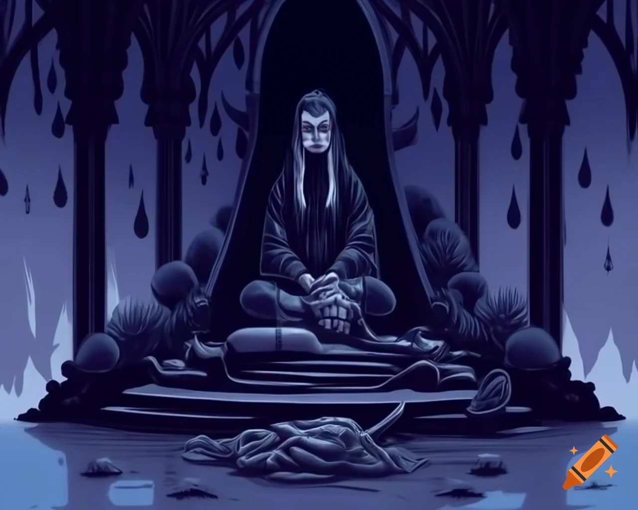 Gothic temple with obsidian architecture, goddess on throne of bones ...