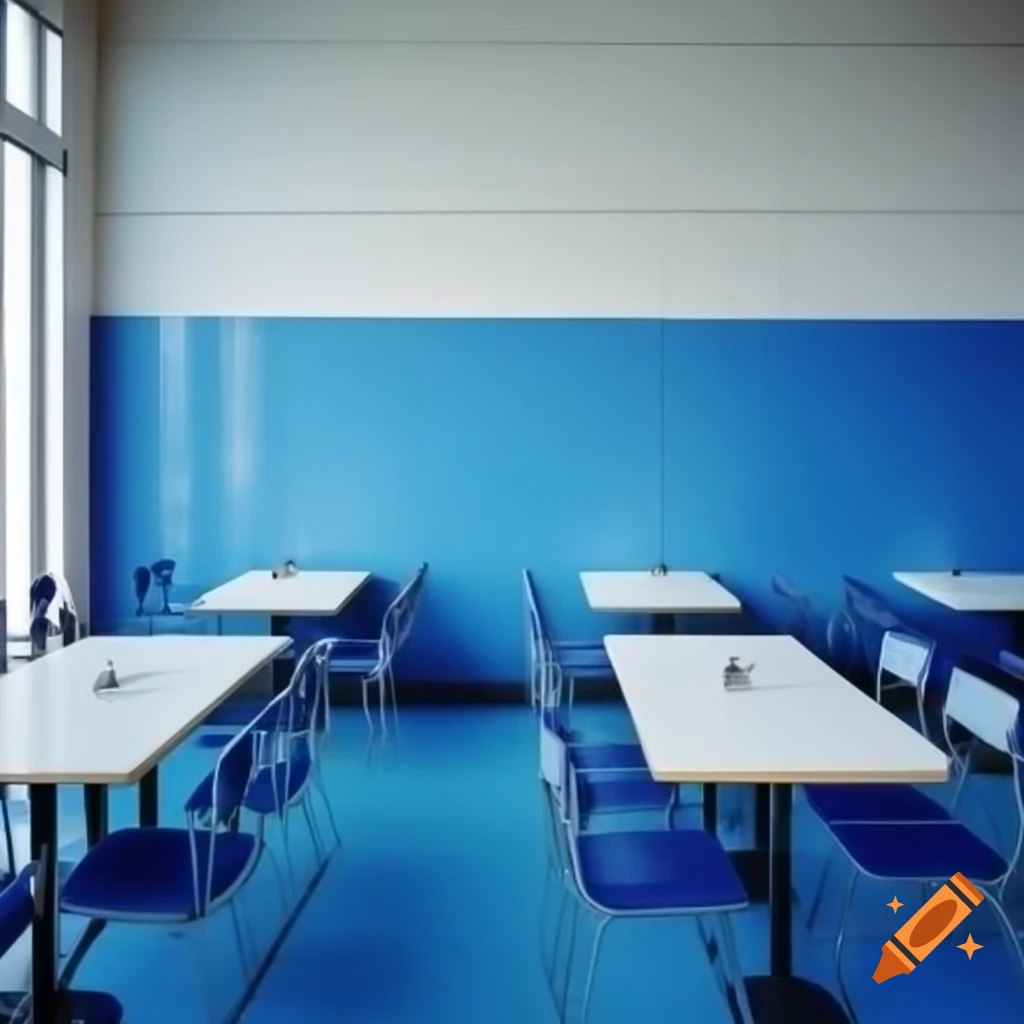 Futuristic cafeteria featuring white and blue walls with empty tables ...