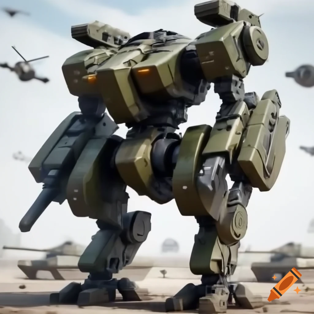 Heavily armored bipedal battle mech with angular military-inspired ...