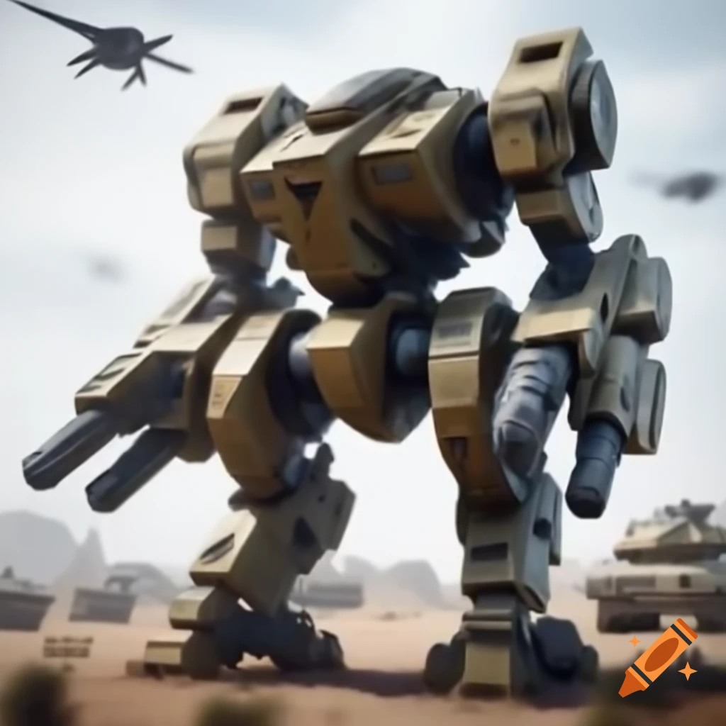 Heavily armored bipedal battle mech with angular design and weapon pods ...