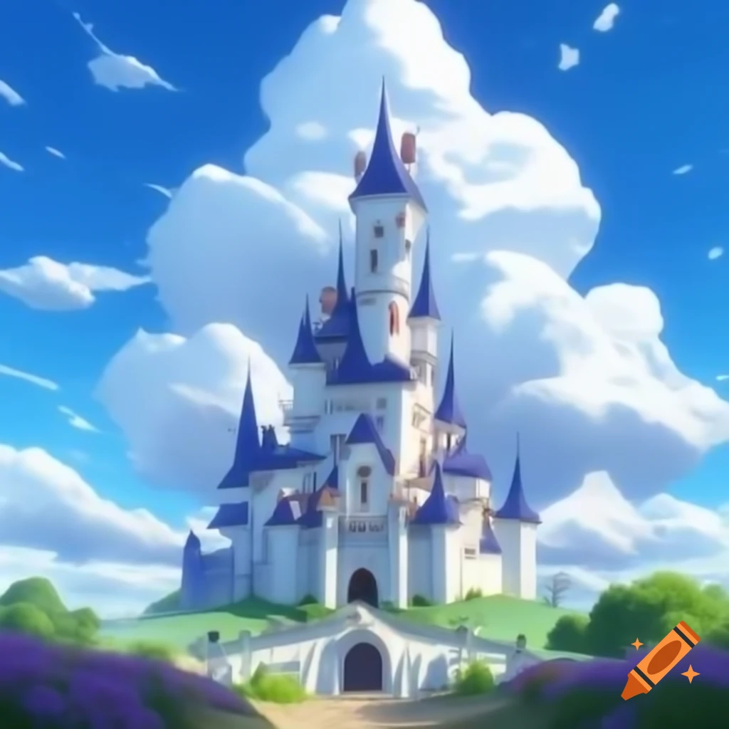 Tall white castle with pointy roofing adorned with purple flowers on Craiyon