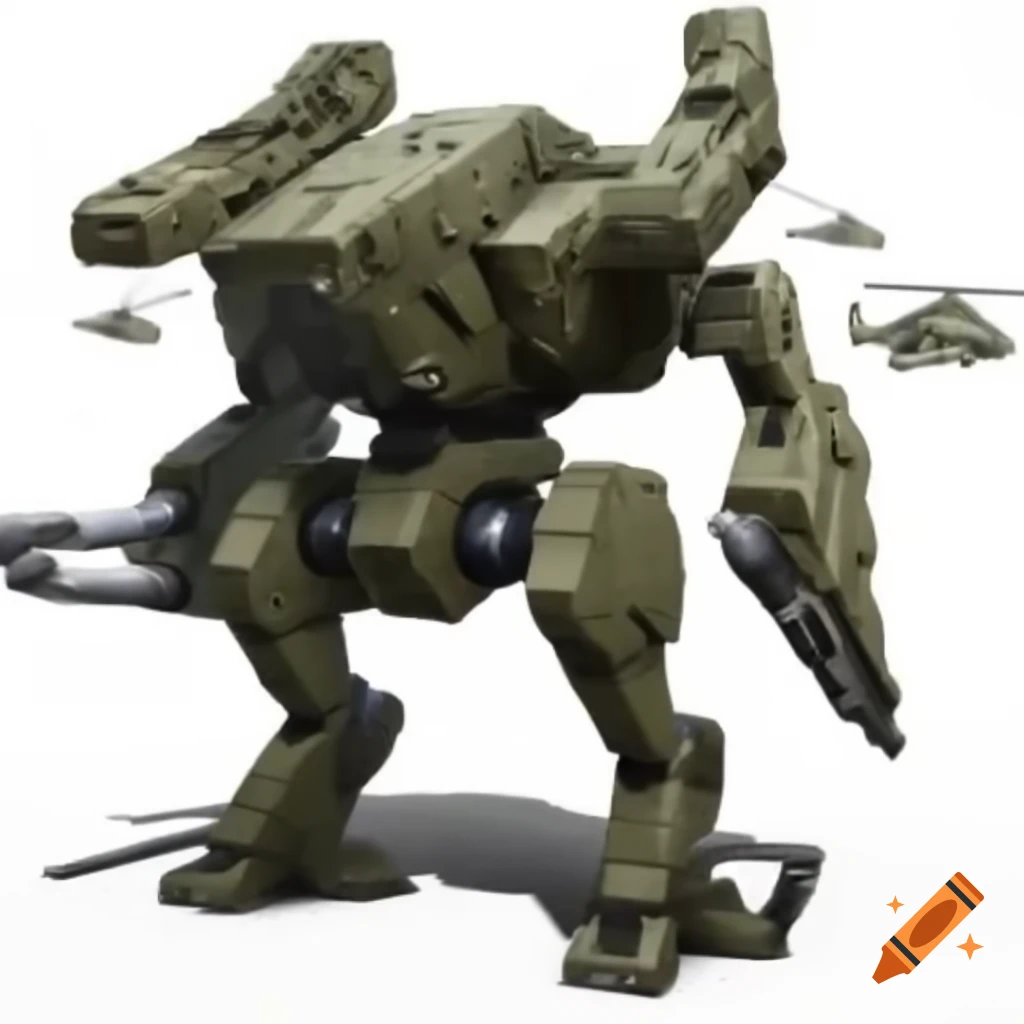 Heavily armored battle mech with angular design and weapon pods on Craiyon
