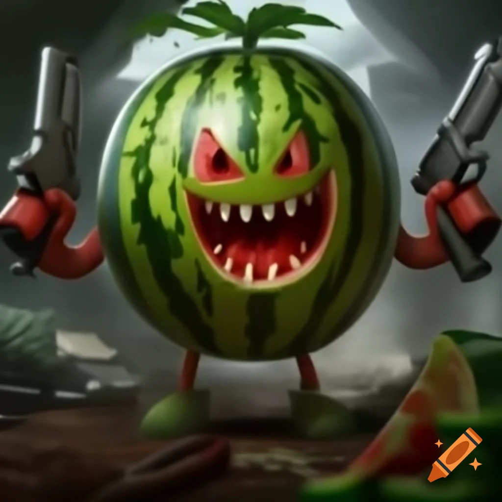 Anthropomorphic watermelon character in a playful battle with guns on ...