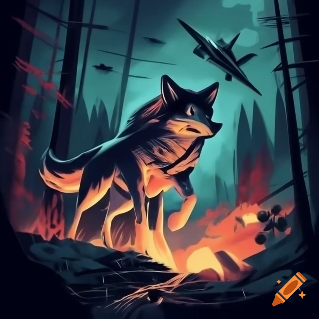 Wolf running in forest amidst black and white explosion art on Craiyon