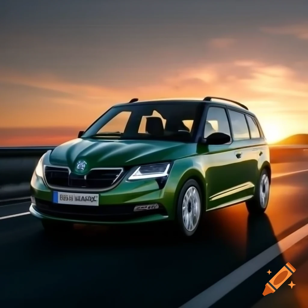 Skoda Fabia 4 Kombi on bridge at sunset with Homer Simpson logo on Craiyon