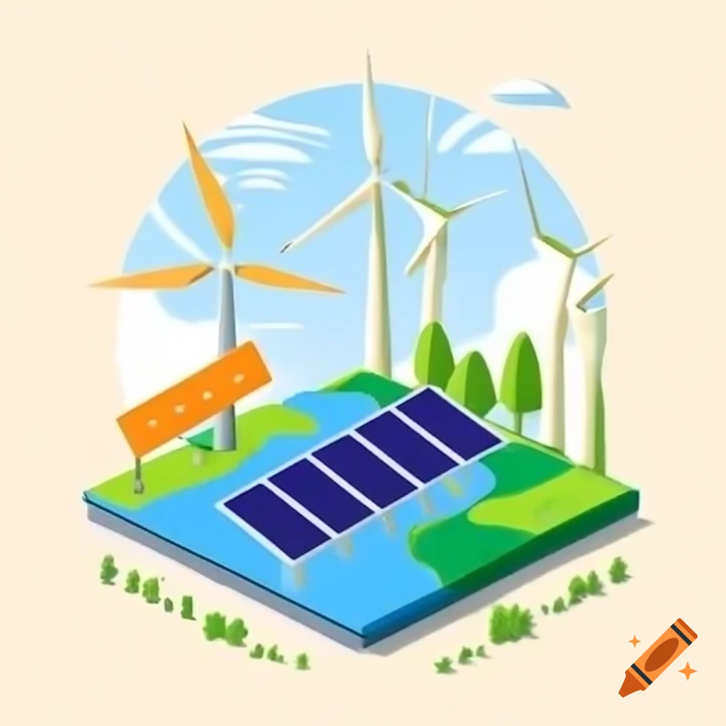 Art depicting renewable energy with solar panels and wind turbines on ...