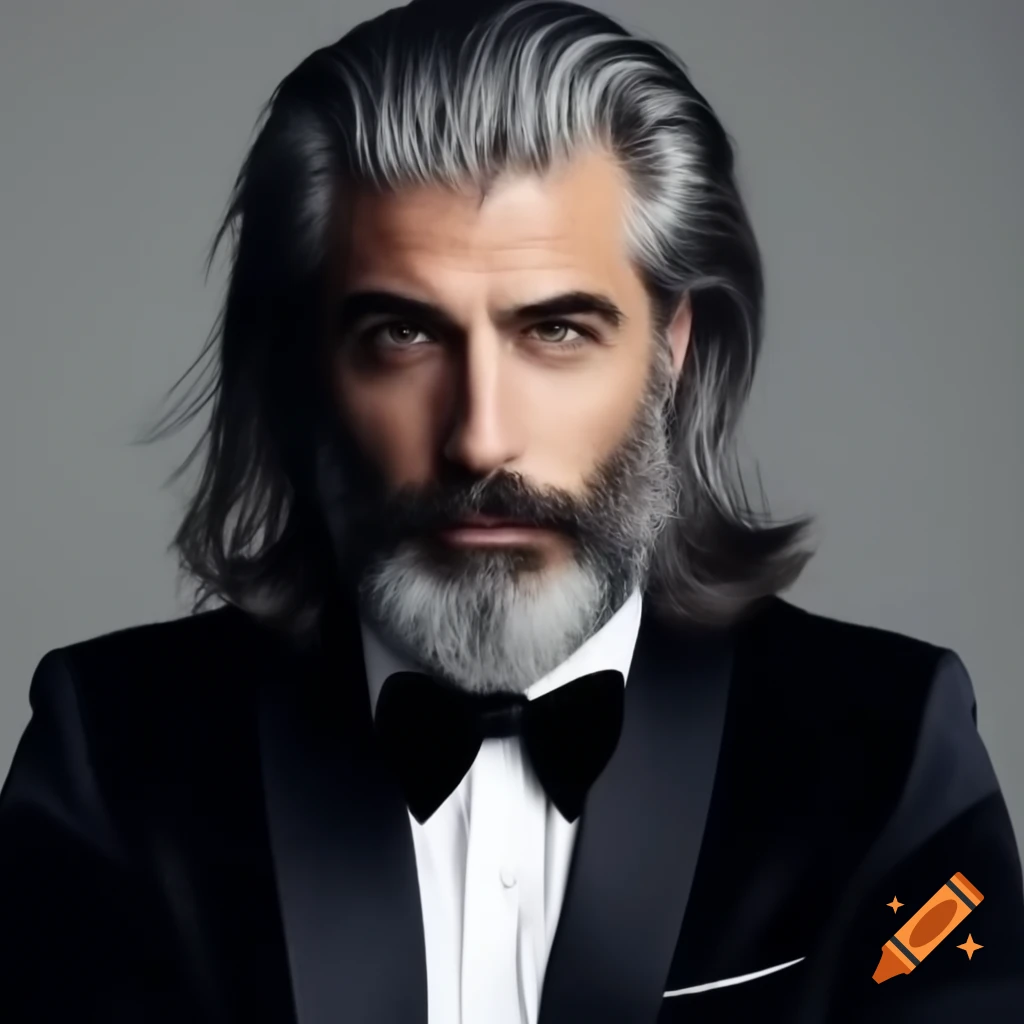 Confident super-slim rockstar Greek man in tuxedo with long gray hair ...