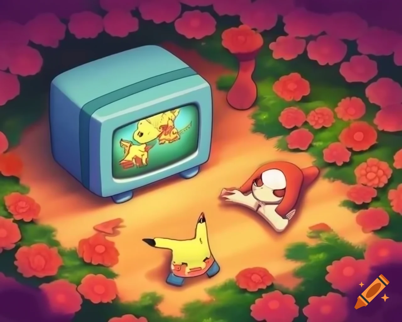 3D Pokémon relaxing on floor of forest watching TV, surrounded by ...