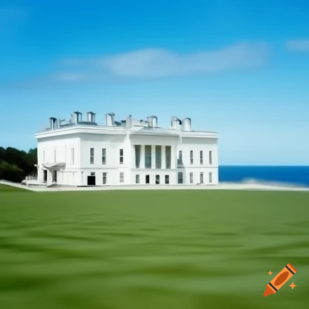 Georgian style Atlantean white building in large park by the sea on Craiyon