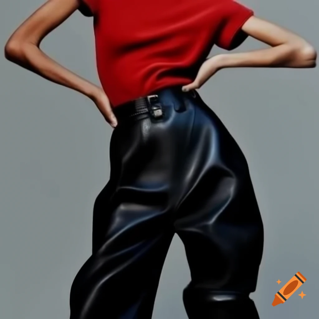 Instagram model in black leather pants and red top, hyperrealistic ...