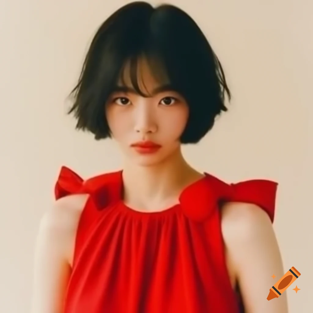 Young Miki Matsubara in red minidress looking in love on Craiyon