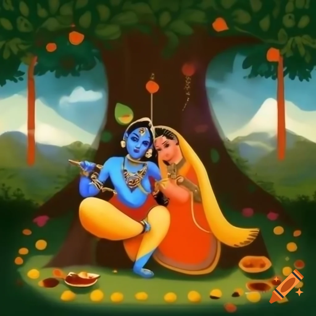 Artistic depiction of Krishna and a figure sitting under a vibrant tree ...