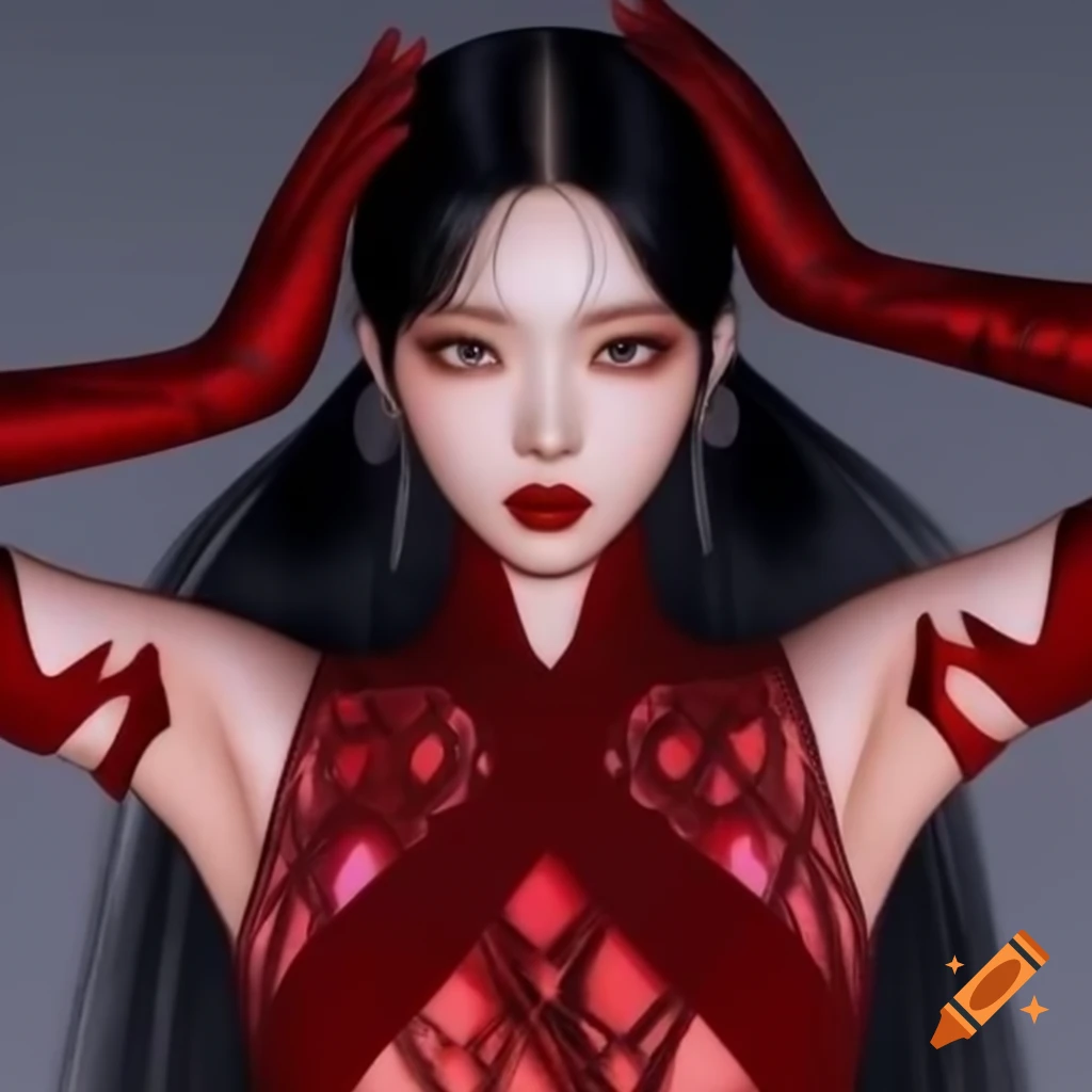 High-fashion digital rendering of Momo from TWICE in crimson dress on ...