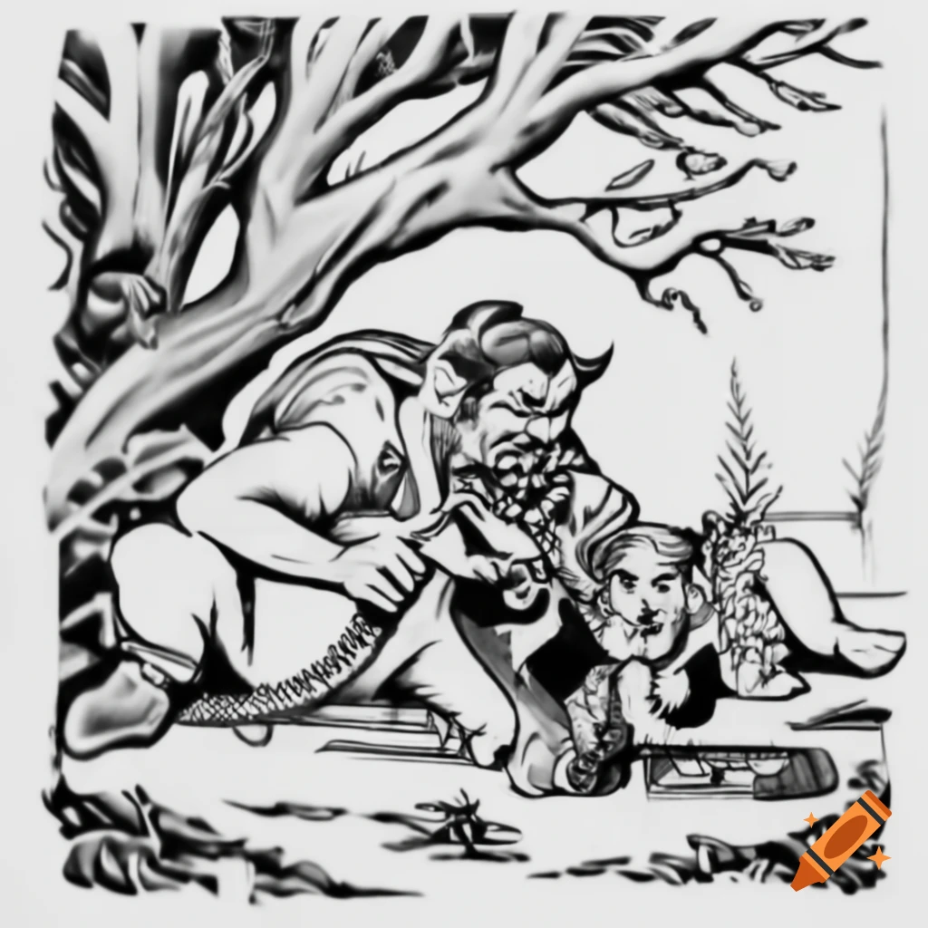 Black and white line drawing of a Kurdish carpenter hiding under a bush ...