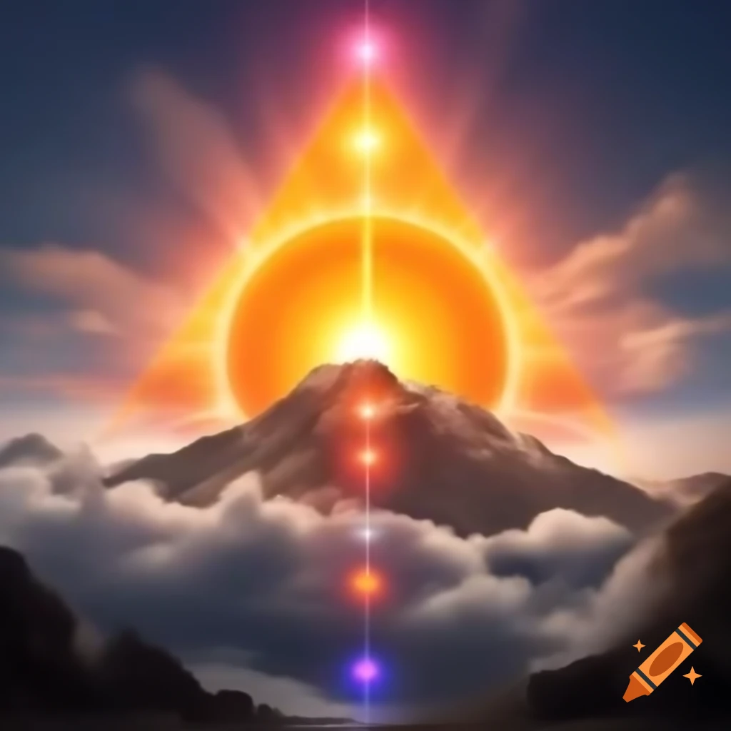 Mount Kailash drawing with orange rising sun and Sri Chakra colors on ...