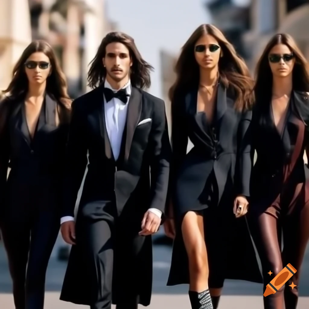 Four supermodels and a confident man in tuxedo walking together on Craiyon