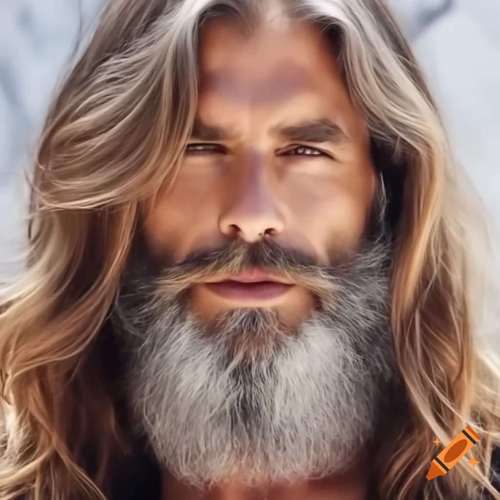 Young male Greek supermodel with long gray beard and five female ...