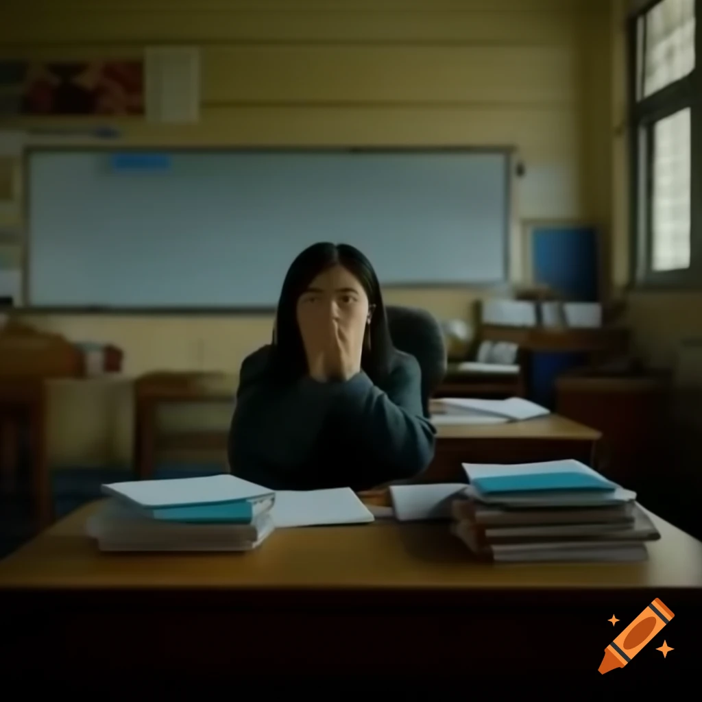 Korean school teacher grading papers at desk in office on Craiyon