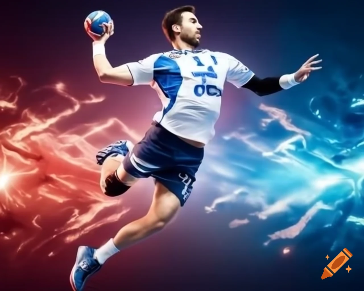 Athletic handball player performing jump shot mid-air with colorful ...