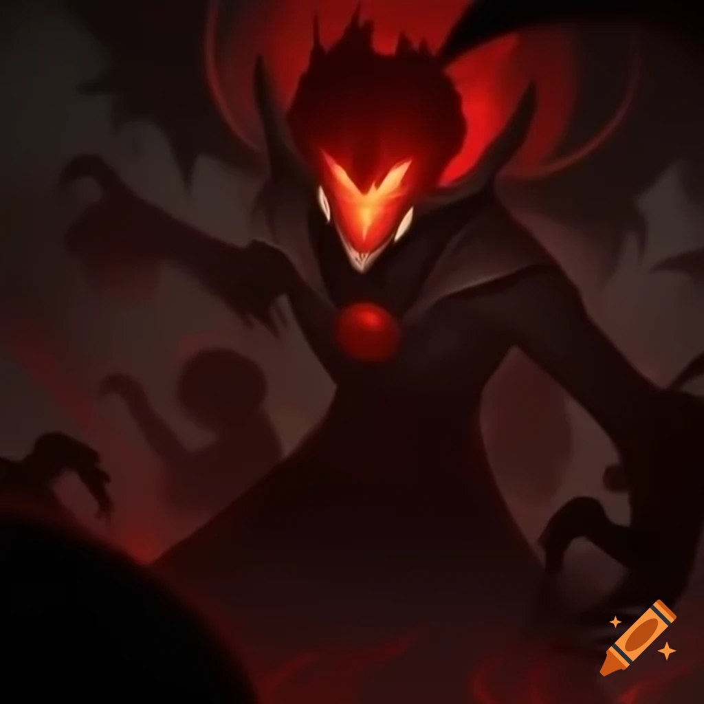 Dark figure with red grin, glowing eyes, and fire hands on Craiyon