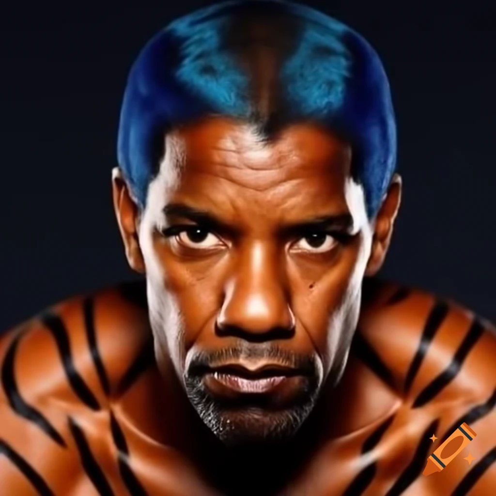 Muscular man with tiger-style makeup featuring blue hair and orange ...