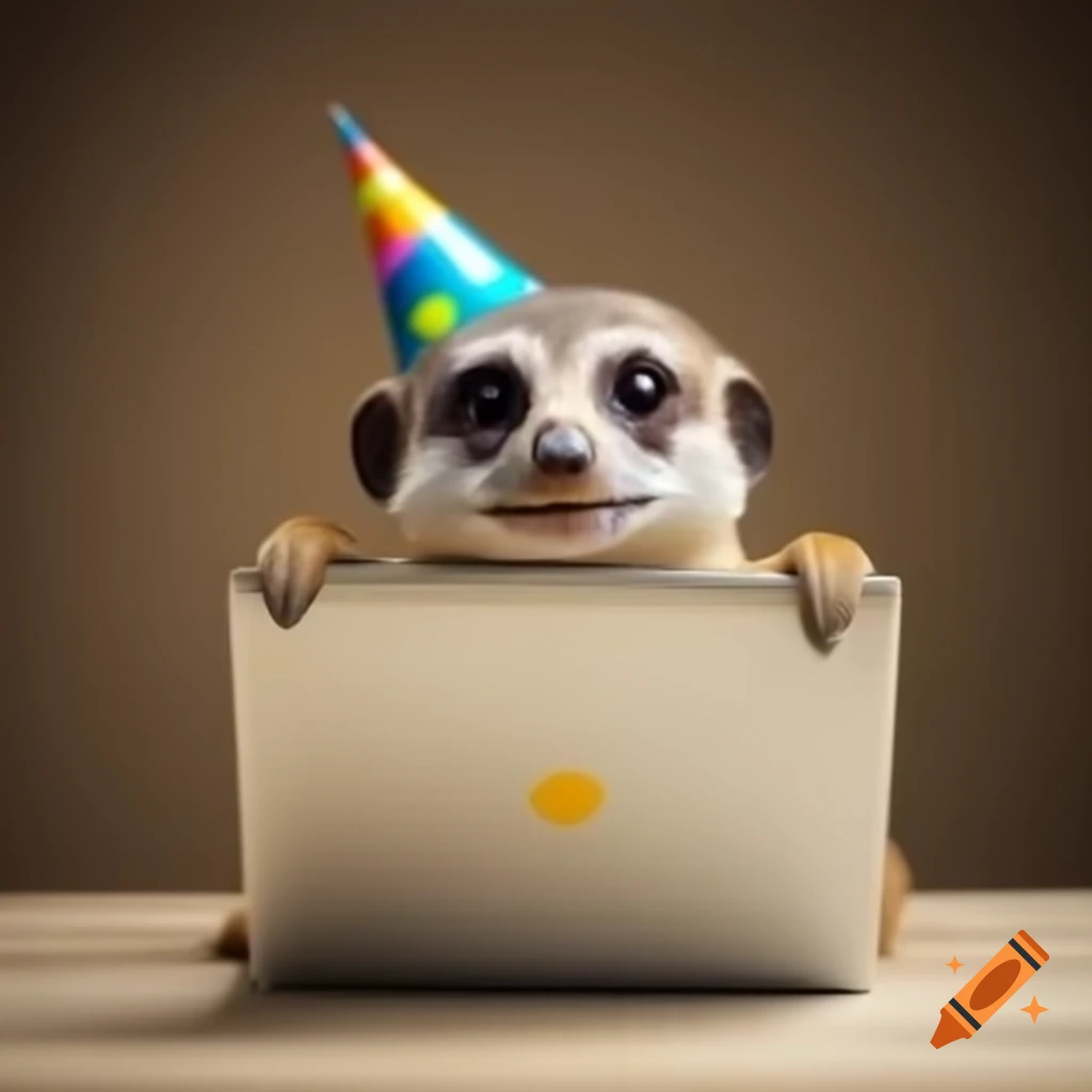 Meerkat wearing birthday hat peeking over open laptop on Craiyon