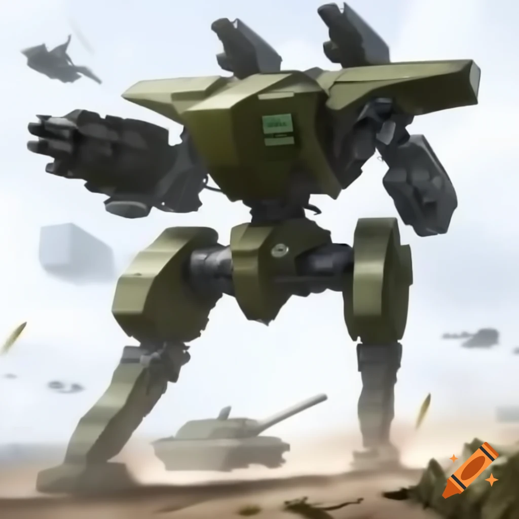 Heavily armored bipedal battle mech inspired by military design on Craiyon
