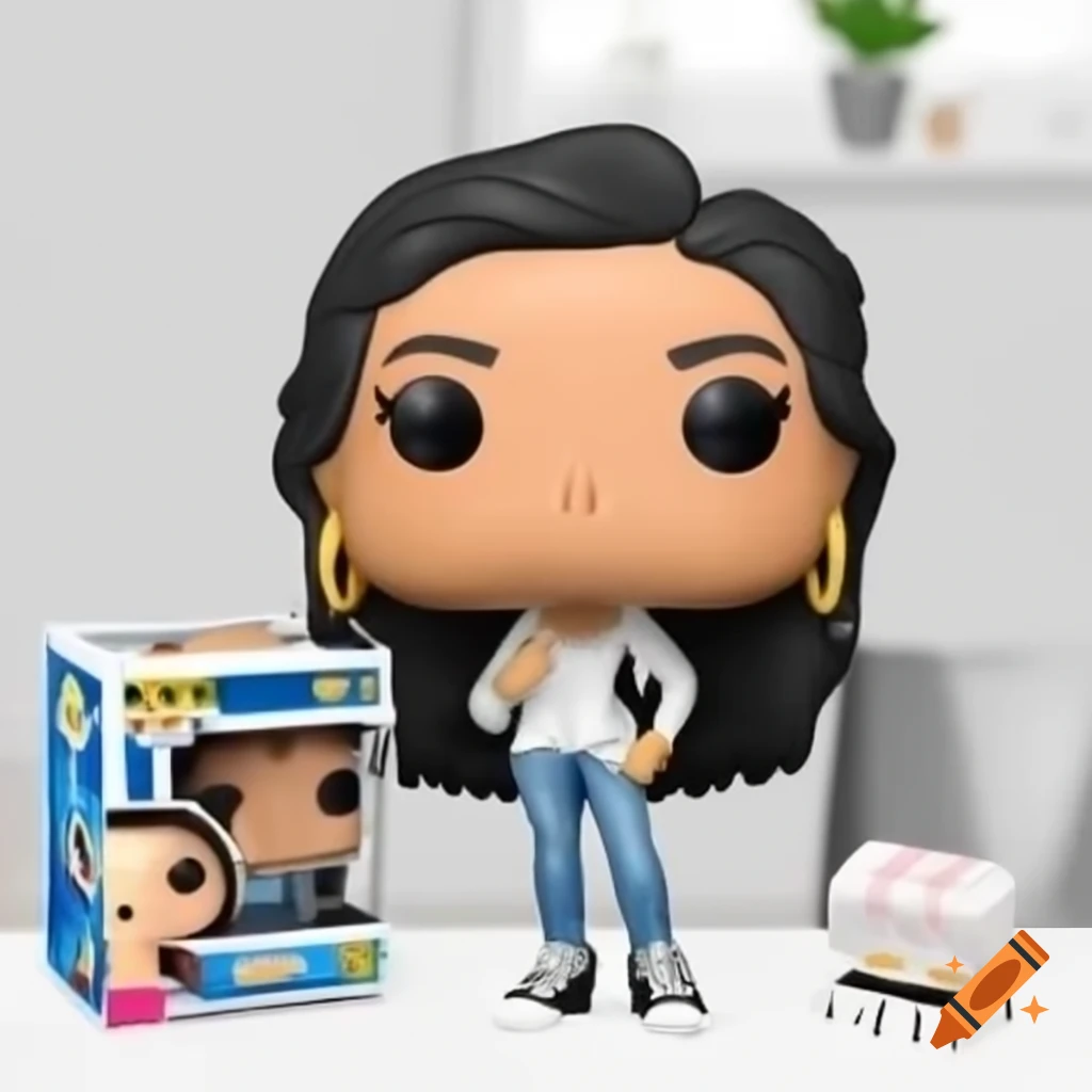 Stylized Funko Pop figure of confident woman with black hair and gold ...
