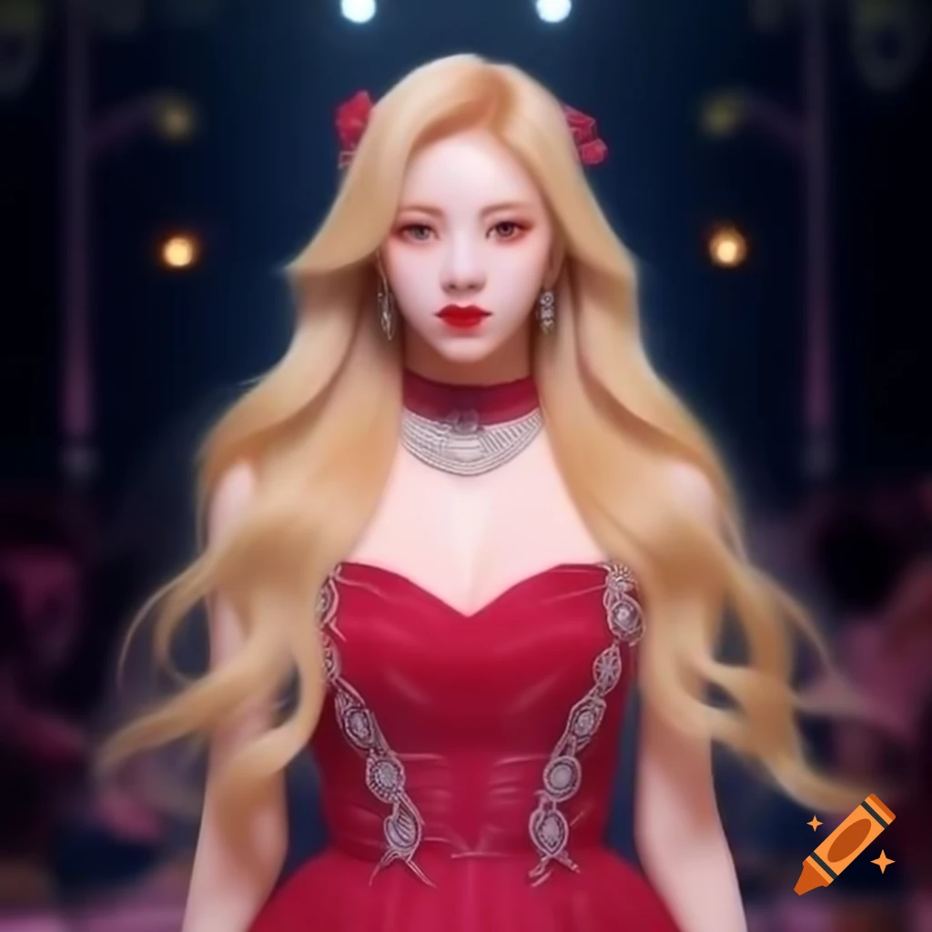 Ethereal digital painting of Sana from TWICE in ruby-red crystal dress on Craiyon