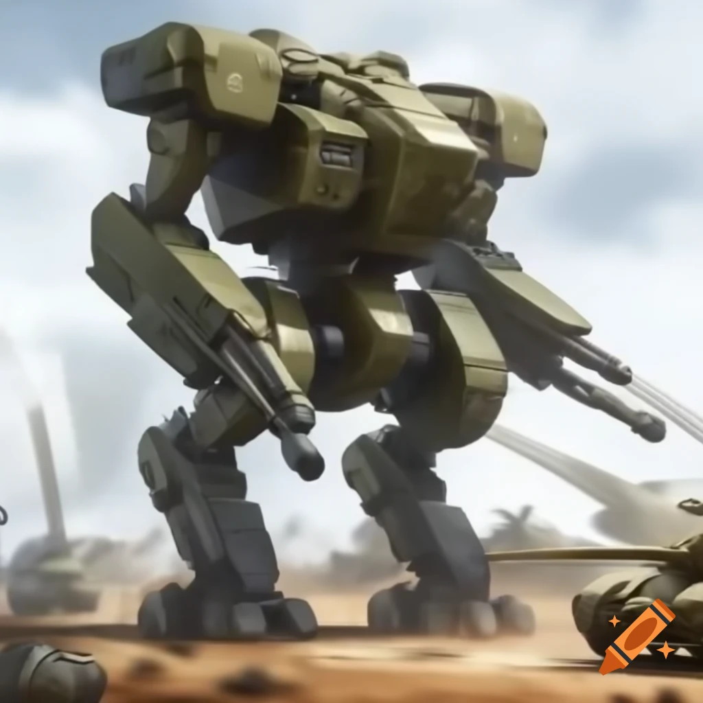 Heavily armored bipedal battle mech with angular design and weapon pods ...