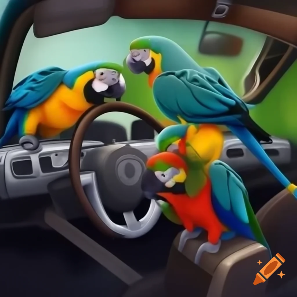 Parrot driving a car while being chased by other parrots on Craiyon