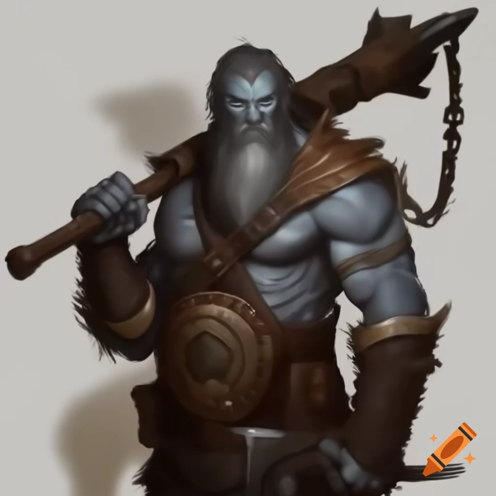 Muscled barbarian with gray skin wielding metal club and jagged shield ...