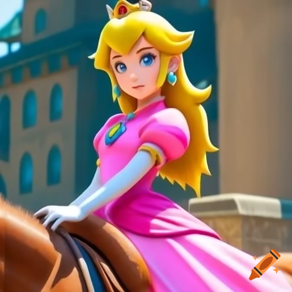 Link dressed as Princess Peach riding horse in castle courtyard, high ...