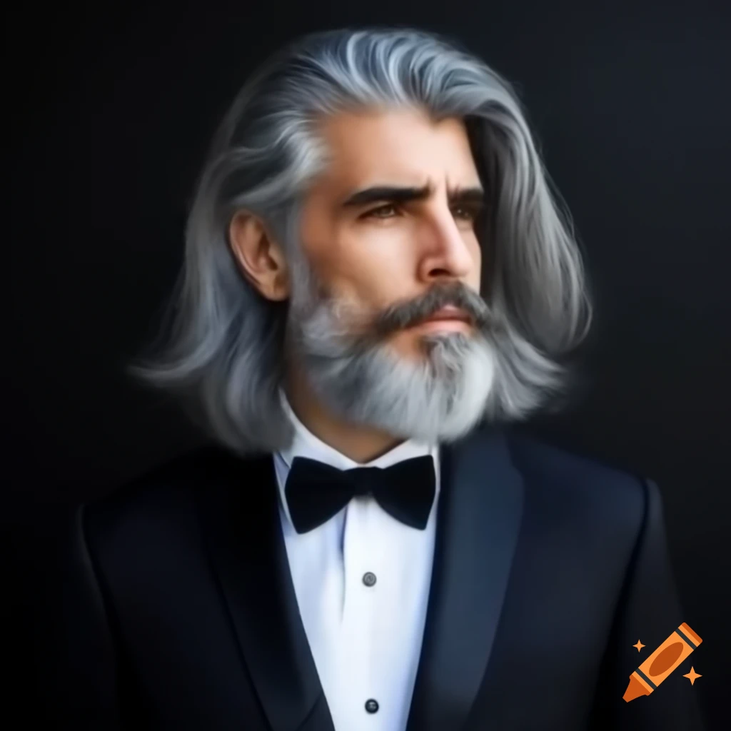 Confident young Greek man with long gray hair in tuxedo, striking a ...