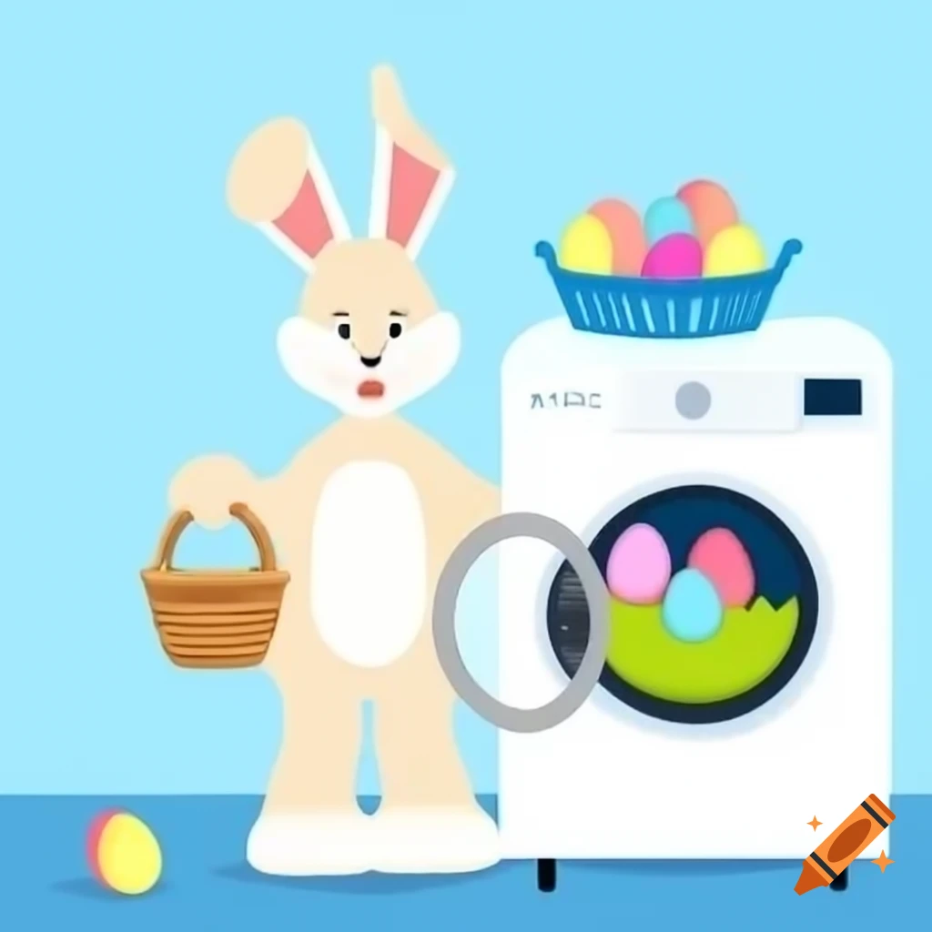 Easter bunny with basket of eggs hiding eggs in washing machine on Craiyon