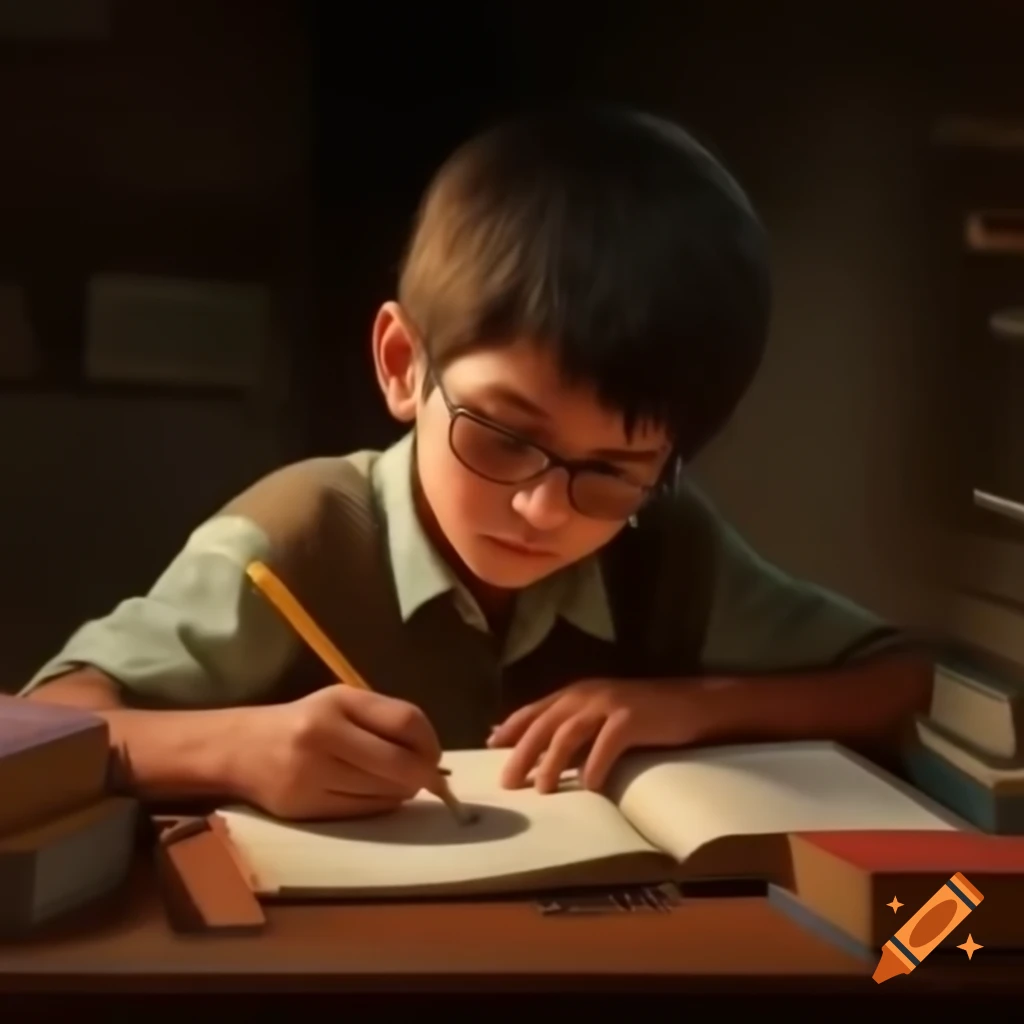 Boy studying lessons in comic book style with realistic textures on Craiyon