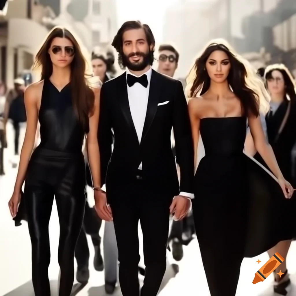 Supermodels and a confident man in tuxedo walking together on Craiyon